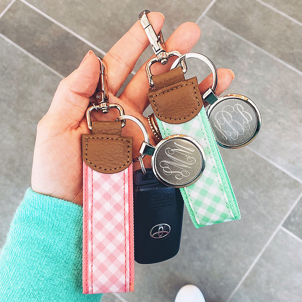 Personalized Gingham Key Fob, Mint and Pink