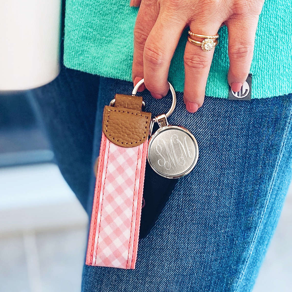 Personalized Gingham Key Fob, Mint and Pink