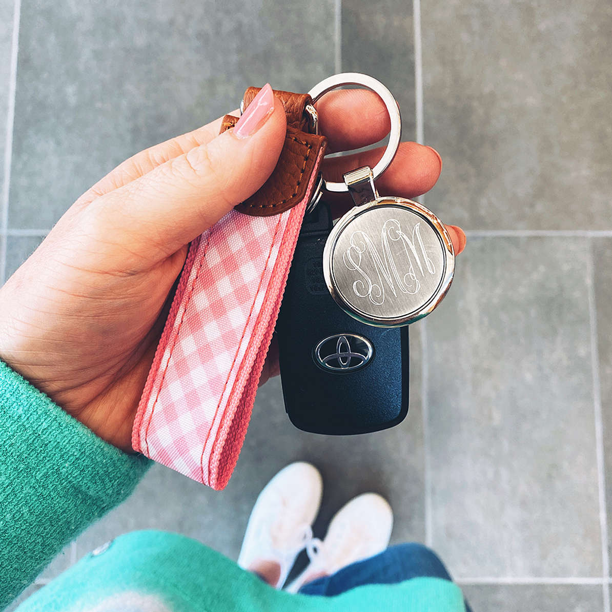 Personalized Gingham Key Fob, Mint and Pink