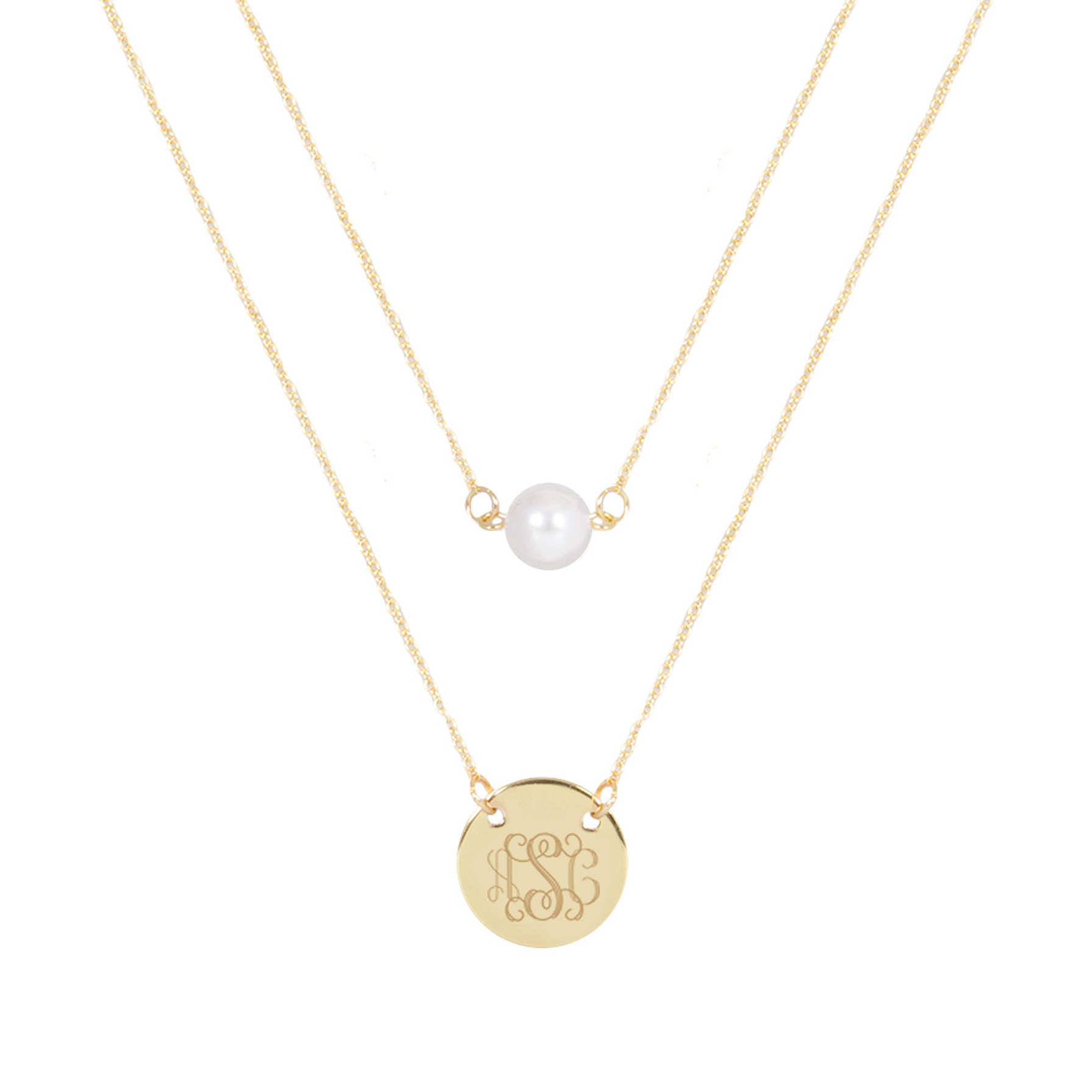 Engraved Layered Pearl Necklace - Gold or Silver