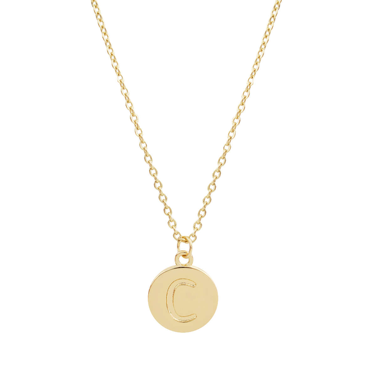 Disc Necklace with Stamped Initial — In Gold