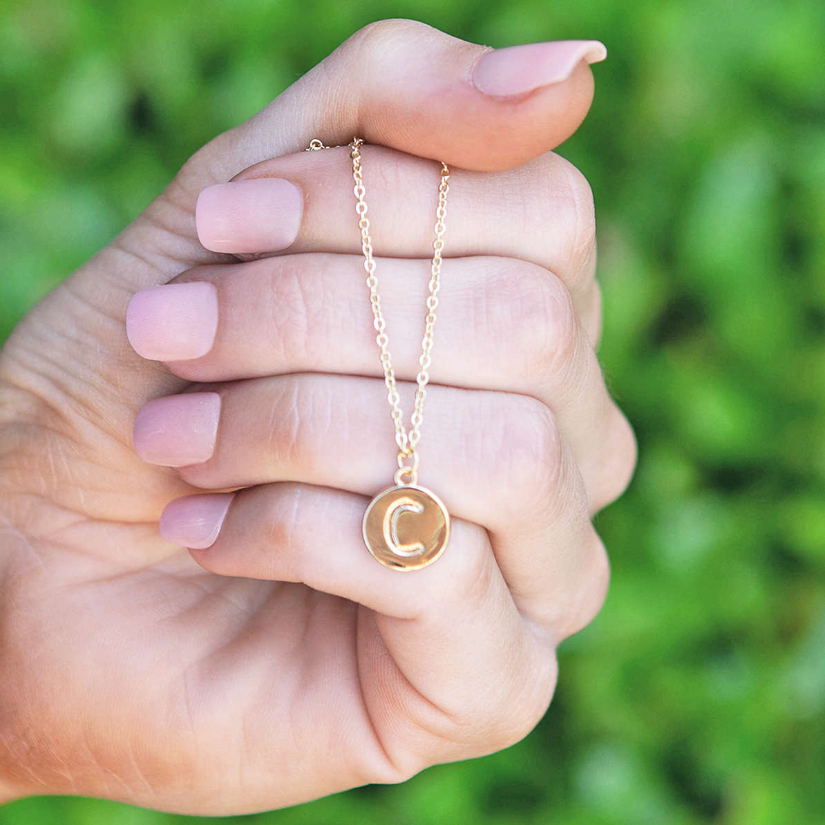 Disc Necklace with Stamped Initial — In Gold