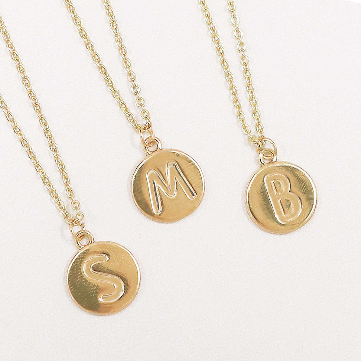 Disc Necklace with Stamped Initial — In Gold