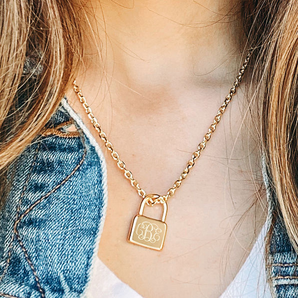 Engraved Necklace with Lock Pendant