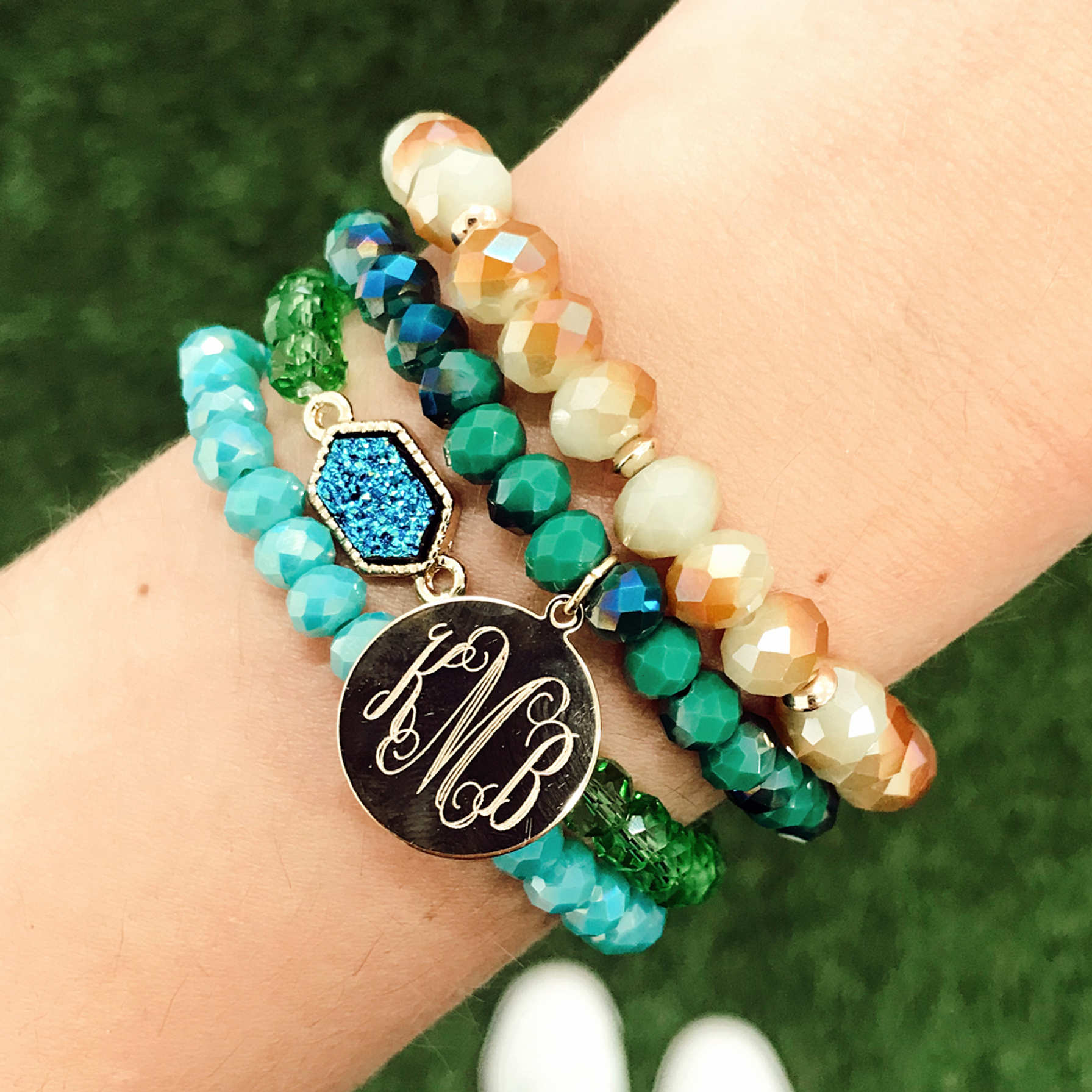Green Beaded Bracelet Stack with Monogram