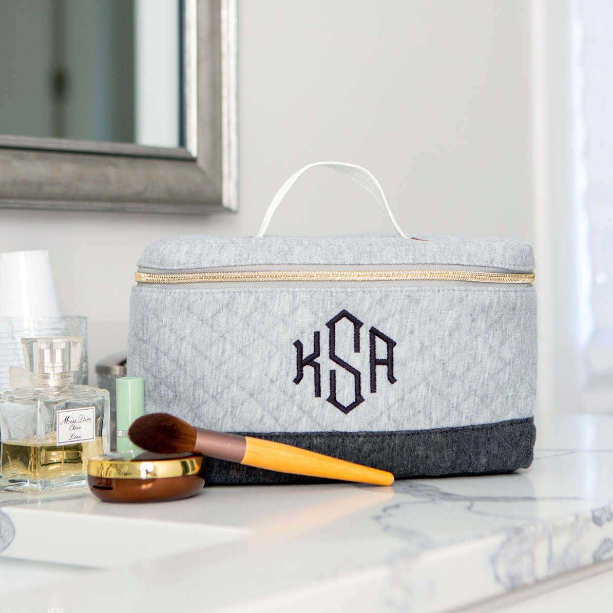 Personalized Gray Quilted Train Case - Marleylilly