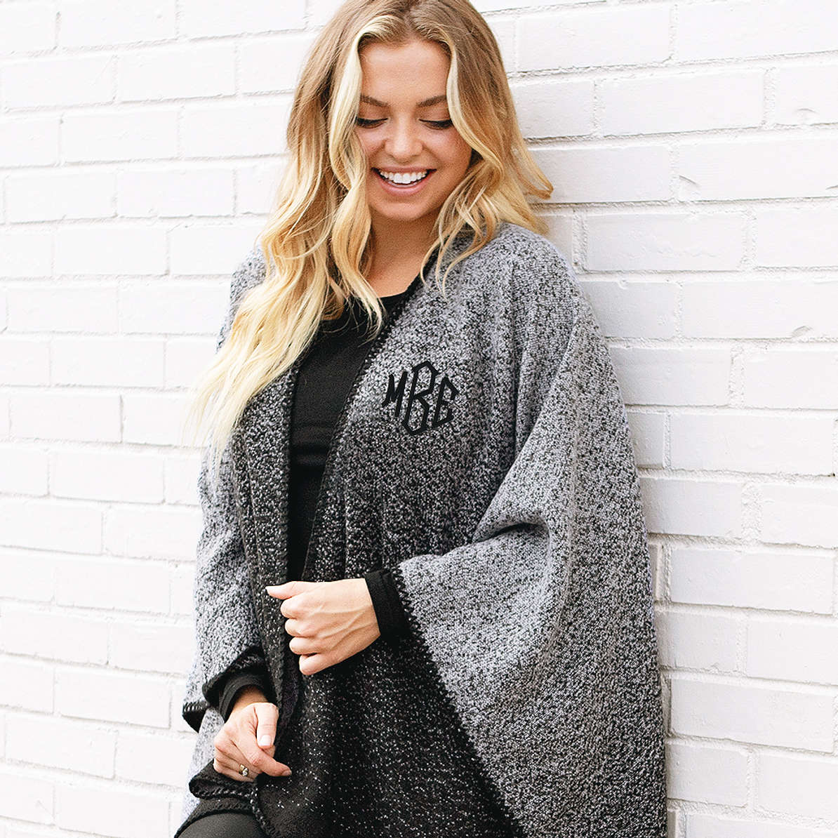 Black Monogrammed Ombre Poncho