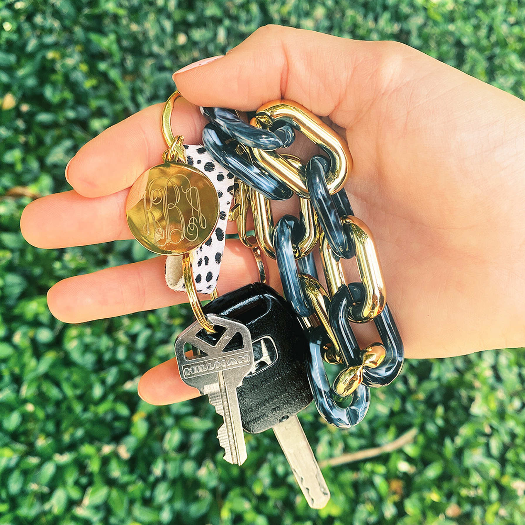Black and Gold Bracelet Key Chain with Monogrammed Disc