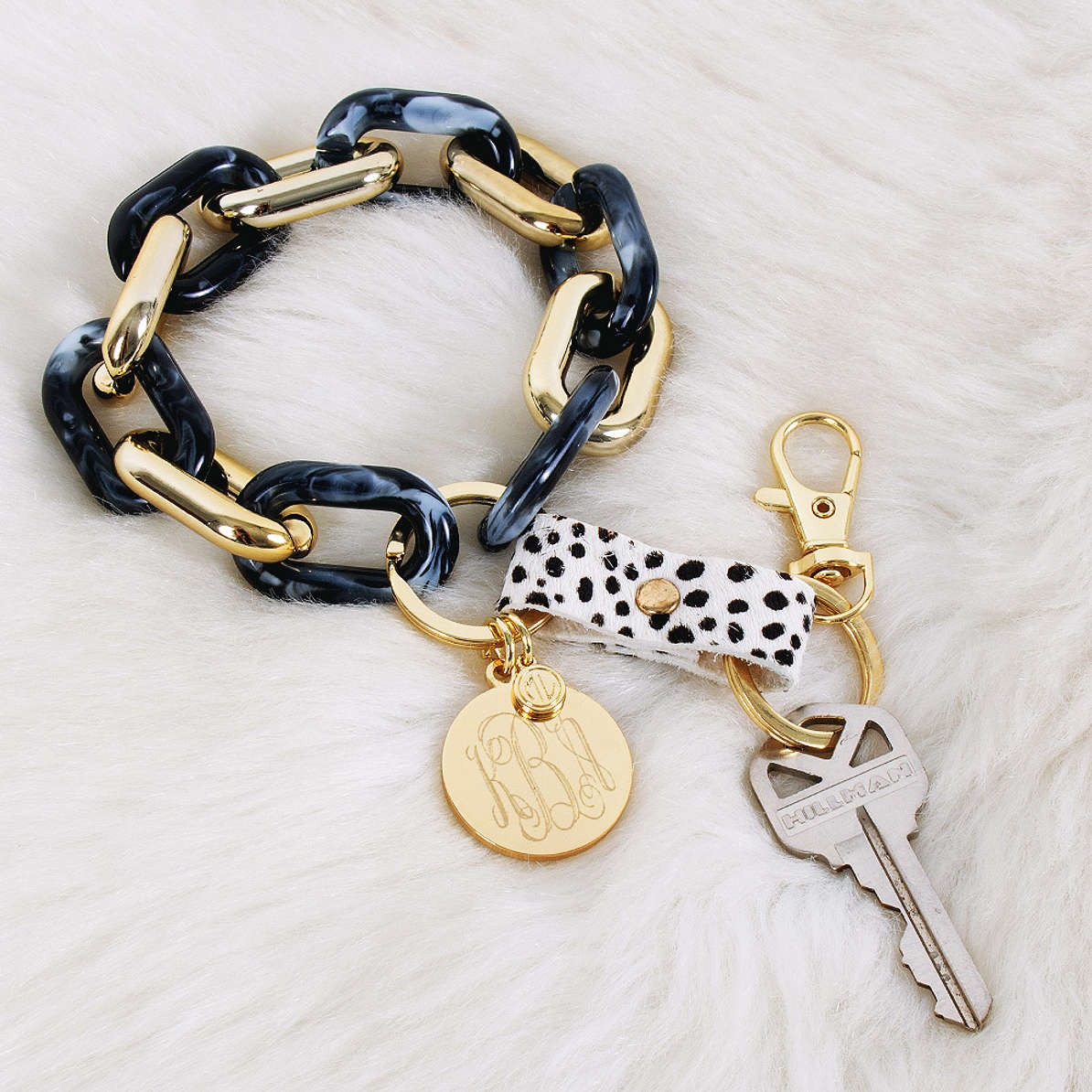 Black and Gold Bracelet Key Chain with Monogrammed Disc