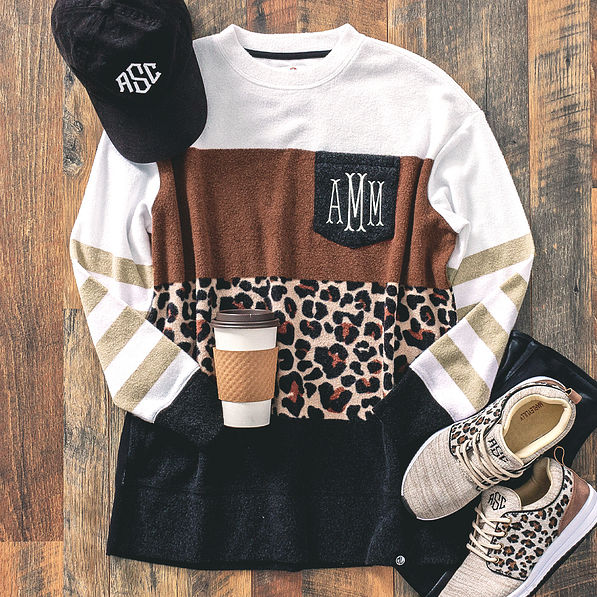 Monogrammed Leopard Stripe Fuzzy Crewneck Sweatshirt — Marleylilly