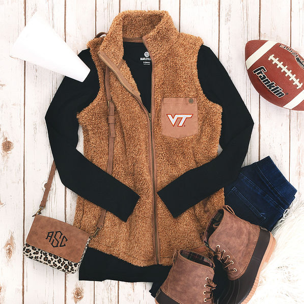 Virginia Tech NCAA Sherpa Vest in Camel - Marleylilly