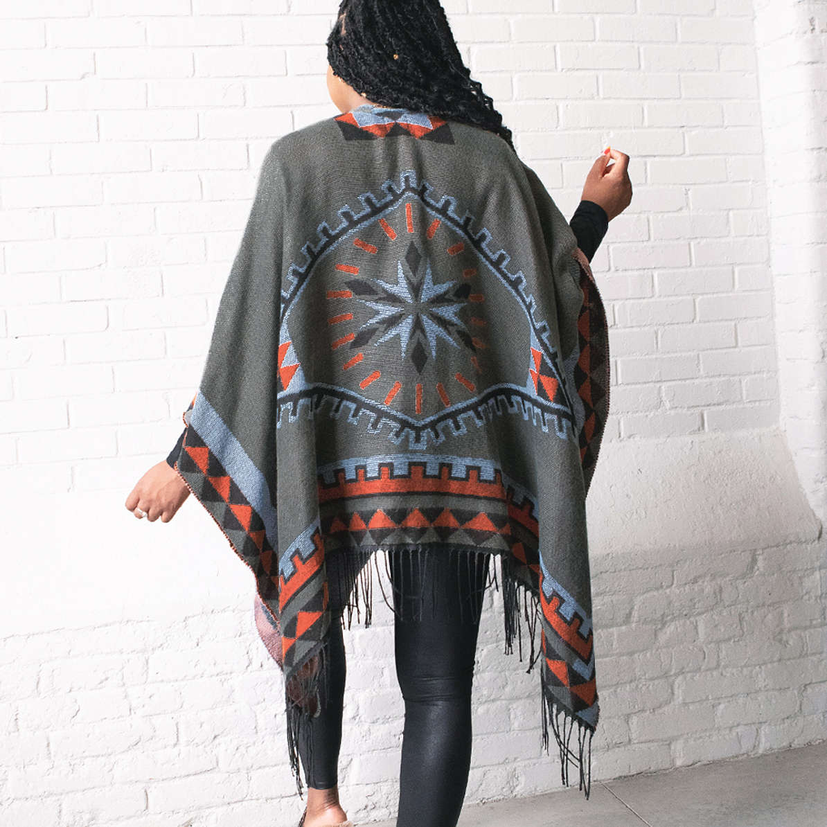 Ladies Aztec Fringe Poncho | Marleylilly