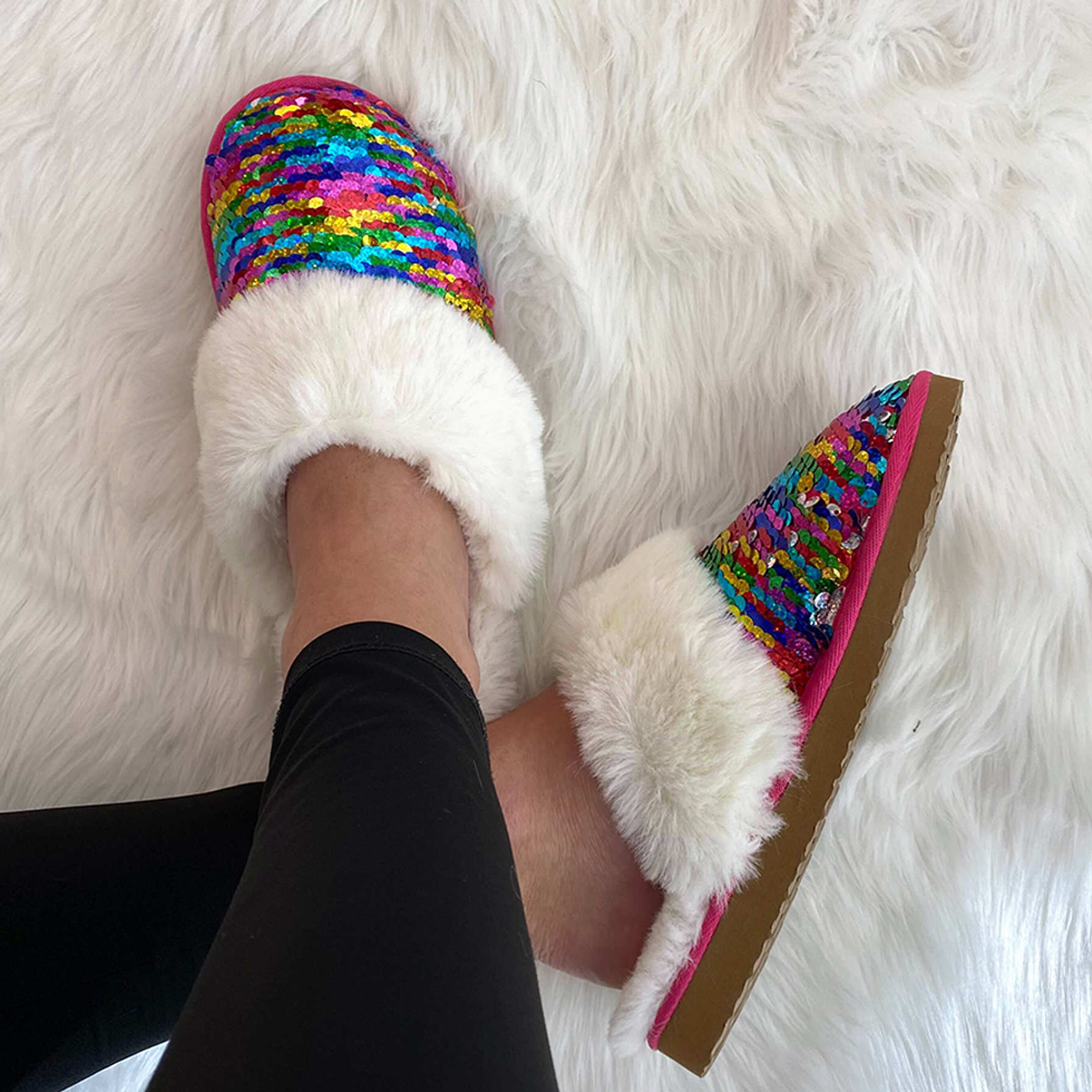 Multi Sequin Faux Fur Slippers