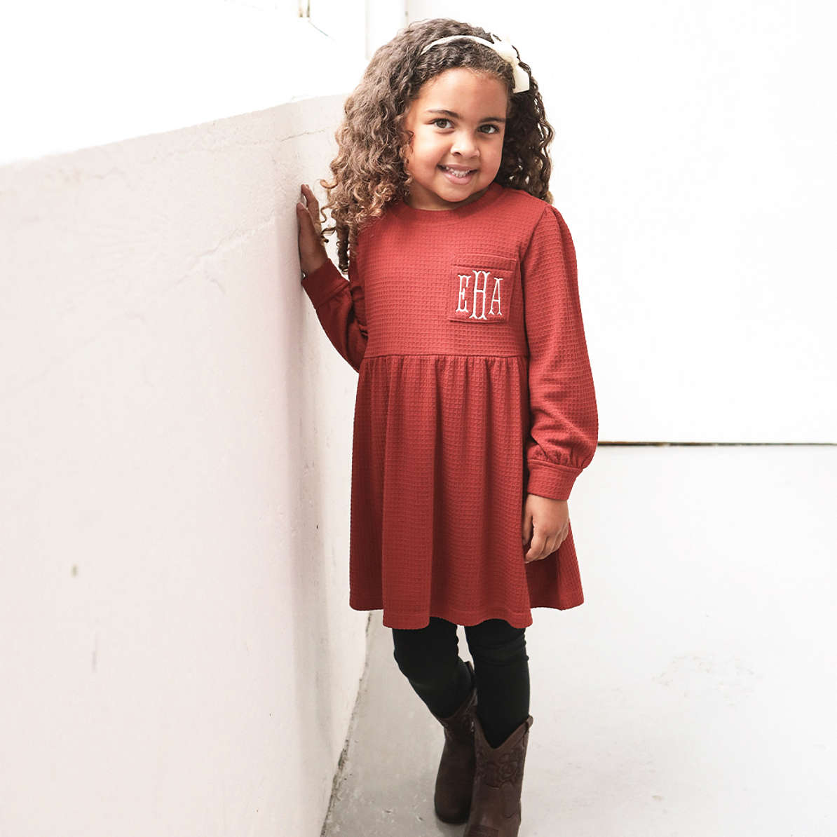 Personalized Kids Waffle Puff Sleeve Dress | Marleylilly Kids
